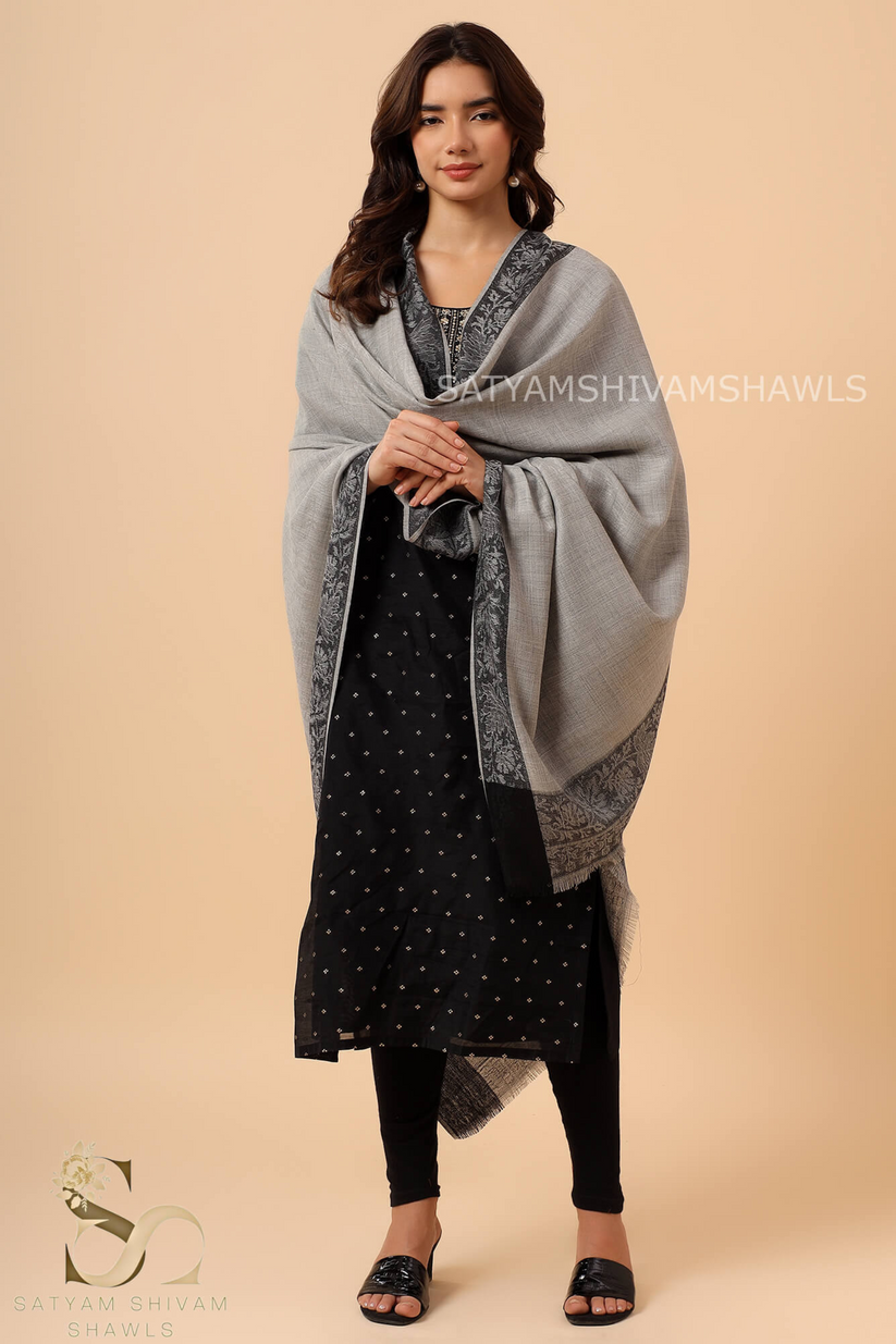 PURE WOOL REVERSIBLE SELF BORDER DESIGN SHAWL ,GREY – Satyam Shivam Shawls