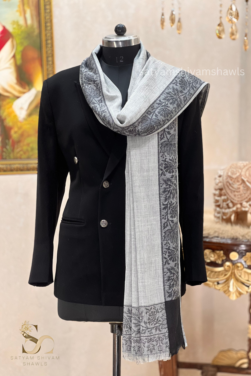 PURE WOOL REVERSIBLE SELF BORDER DESIGN SHAWL ,GREY – Satyam Shivam Shawls